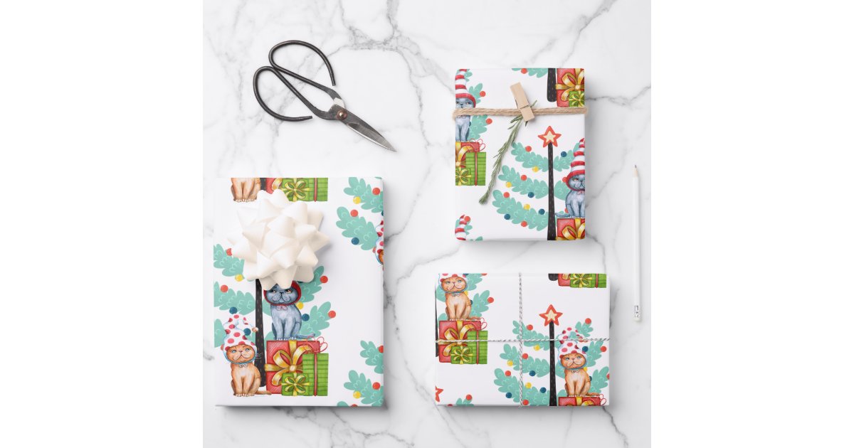 Whimsical Cats in Hats and Christmas Pattern Wrapping Paper Sheets | Zazzle
