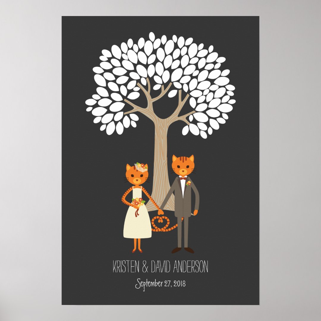Whimsical Cats Wedding Fingerprint Signature Tree Poster | Zazzle