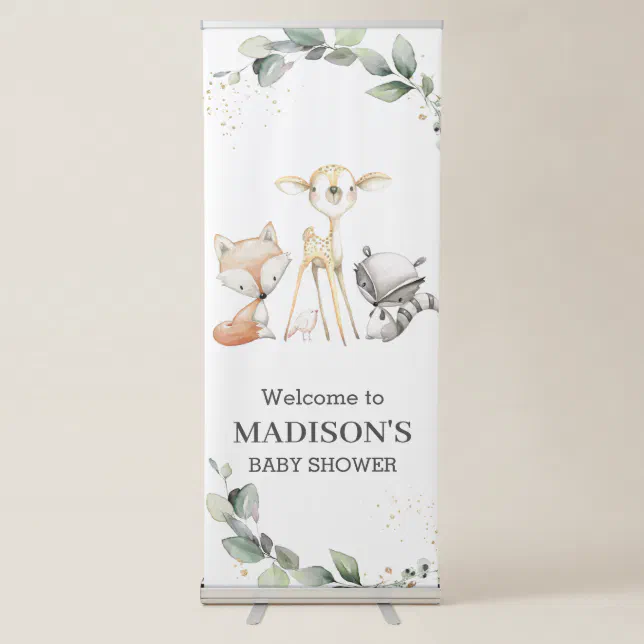 Whimsical Chic Woodland Animal Greenery Welcome Retractable Banner | Zazzle