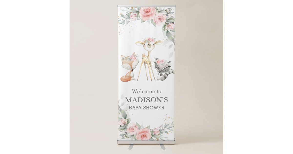 Whimsical Chic Woodland Animal Pink Floral Welcome Retractable Banner ...