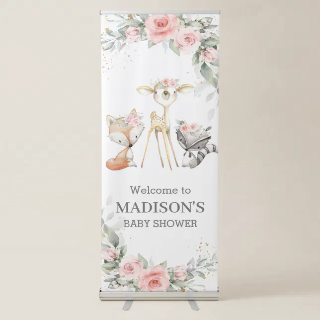 Whimsical Chic Woodland Animal Pink Floral Welcome Retractable Banner ...