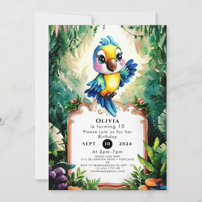 Whimsical Children Parrot Birthday Invitation | Zazzle