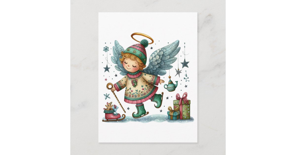 Whimsical Christmas Angel on Ice Skates Postcard | Zazzle