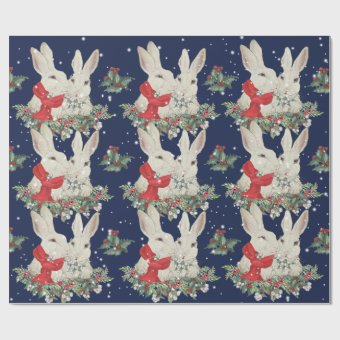 Whimsical Christmas Bunny Rabbits Snow Winter Blue Wrapping Paper | Zazzle