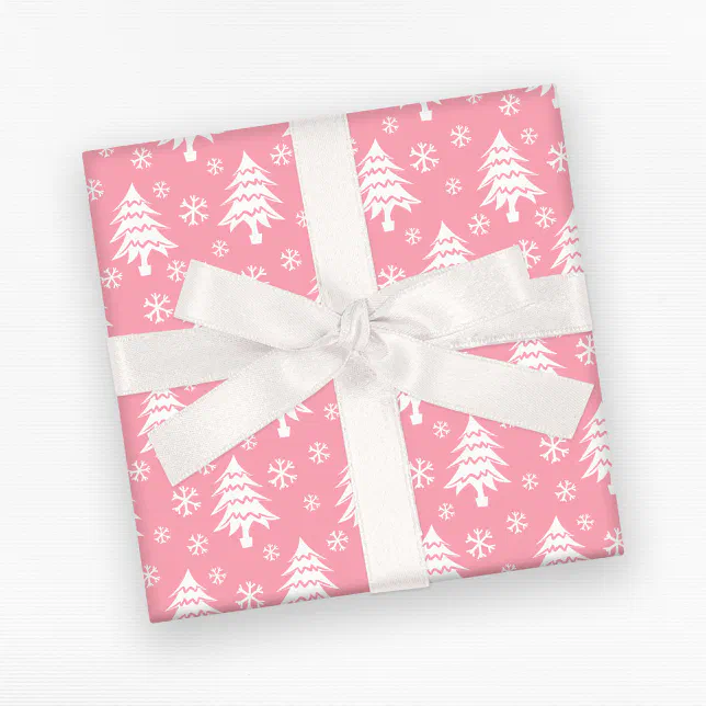 Whimsical Christmas Tree Snowflake Pink White Wrapping Paper | Zazzle