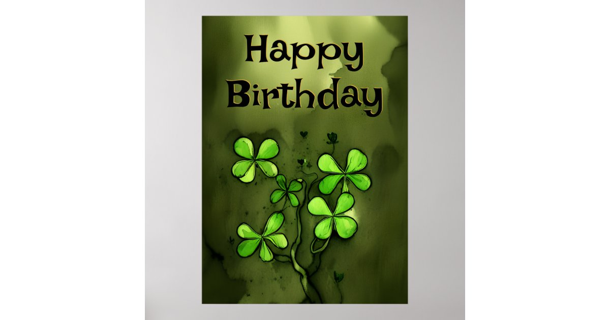 Whimsical Clovers Happy Birthday Poster | Zazzle