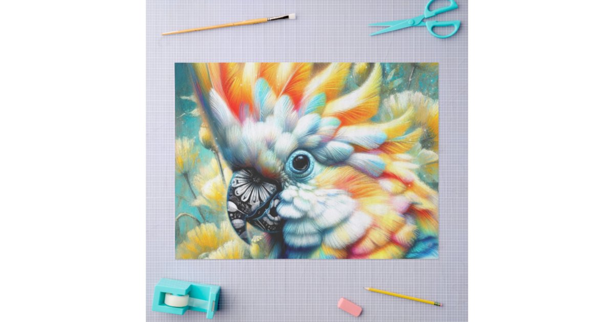 Whimsical Cockatoo Bird Yellow Poppies Decoupage Tissue Paper | Zazzle