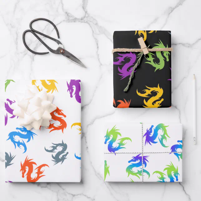 WHIMSICAL COLORFUL CHINESE DRAGON PATTERN WRAPPING PAPER SHEETS | Zazzle