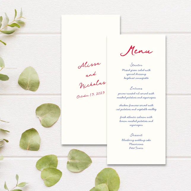 Whimsical Colorful Handwritten Script Wedding Menu | Zazzle