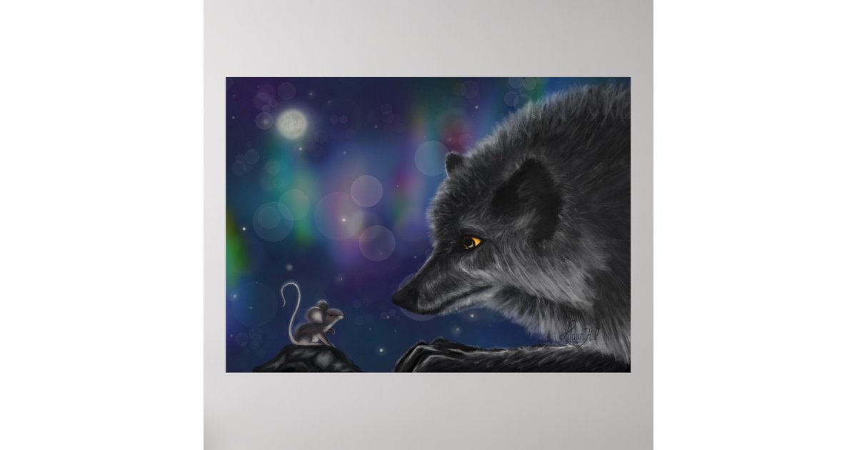 Whimsical Conversation: Wolf and Mouse Poster | Zazzle