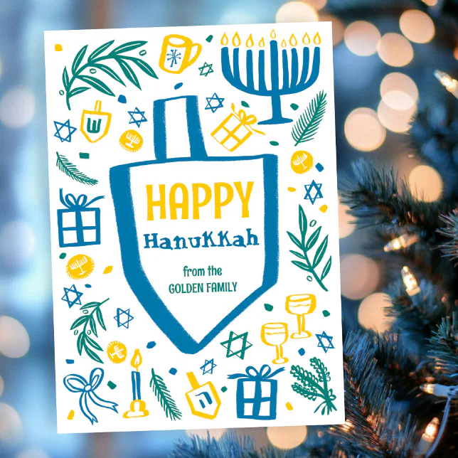 Whimsical Cute Dreidel Menorah CUSTOM HANUKKAH Holiday Card | Zazzle