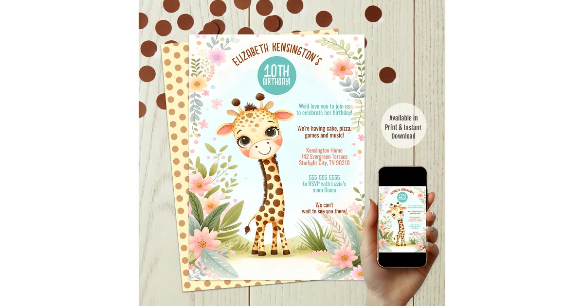 Whimsical Cute Giraffe Birthday Party Invitation | Zazzle
