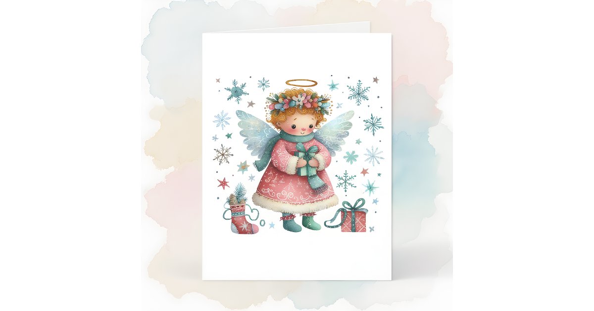 Whimsical Cute Pink and Blue Christmas Angel Card | Zazzle