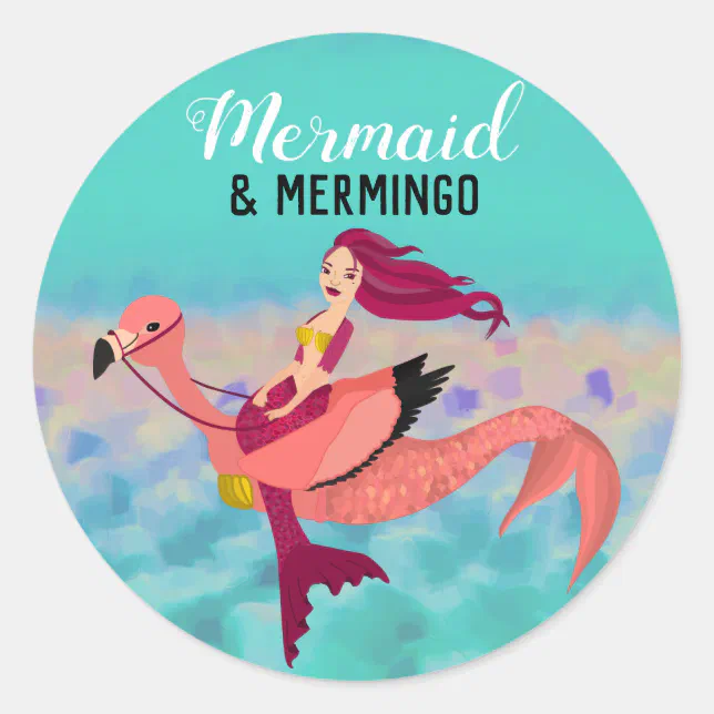 Whimsical Cute Purple Mermaid & Pink Mermingo Classic Round Sticker ...
