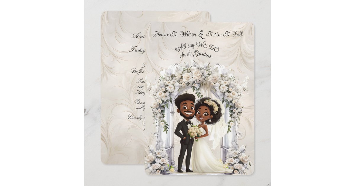 Whimsical Dark Skin Bride Groom Wedding Arch Invitation | Zazzle