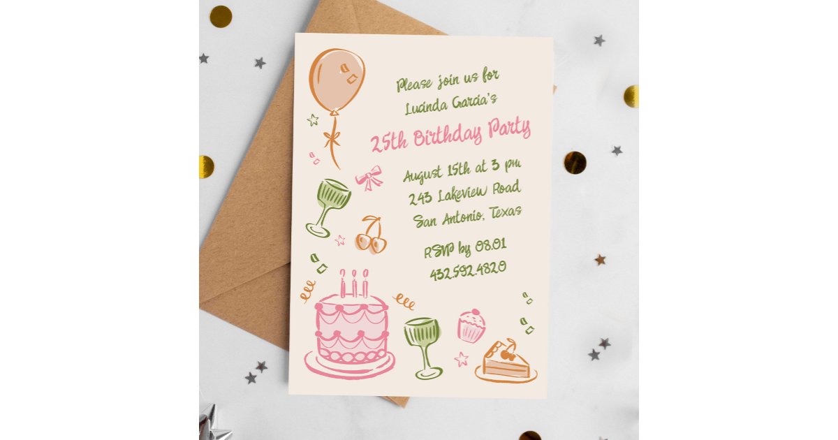 Whimsical Doodle Hand Drawn Birthday Party Invitation | Zazzle