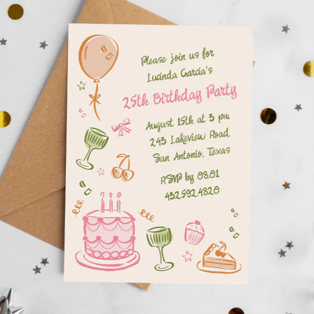 Whimsical Doodle Hand Drawn Birthday Party Invitation | Zazzle