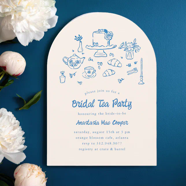 Whimsical Doodle Hand Drawn Bridal Tea Party Invitation | Zazzle