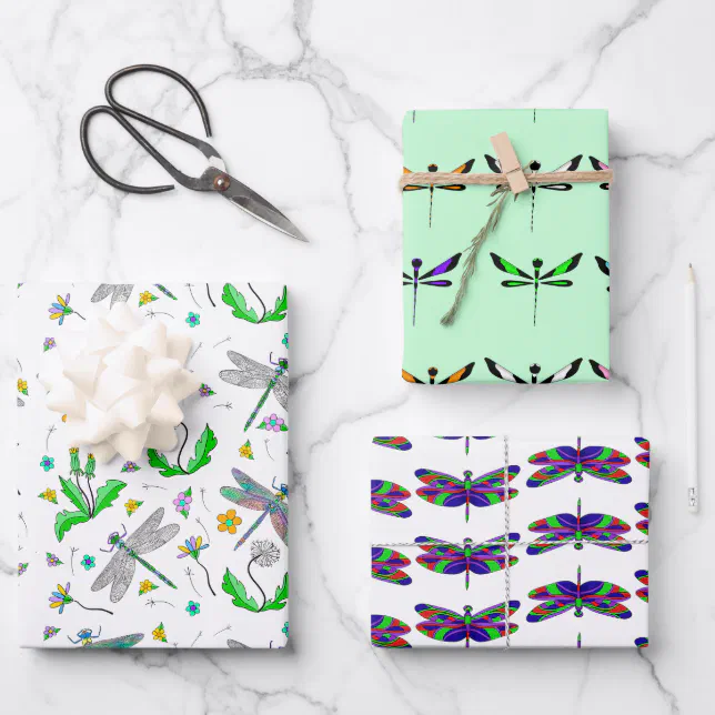 Whimsical Dragonflies and Dandelions Hand Drawn Wrapping Paper Sheets ...