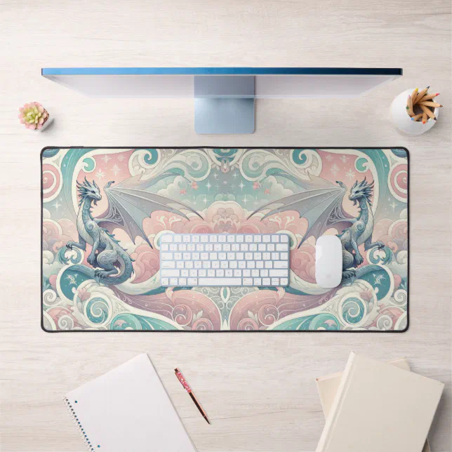 Whimsical Drakes: Pastel Dragon Fantasy Desk Mat | Zazzle