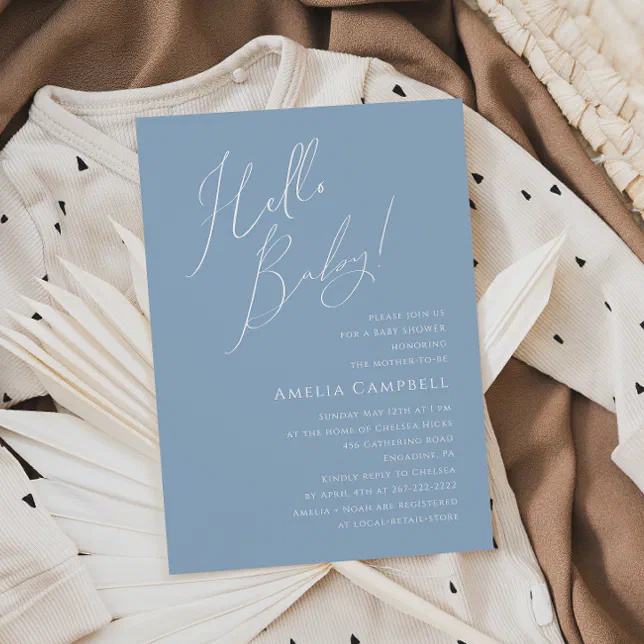 Whimsical Dusty Blue Hello Baby! Baby Shower Invitation | Zazzle