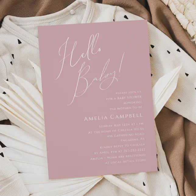 Whimsical Dusty Rose Hello Baby! Baby Shower Invitation | Zazzle