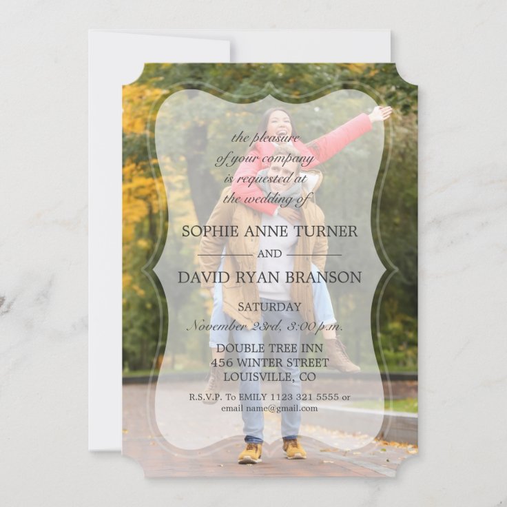 Whimsical Faded Photo Calligraphy Wedding Invitation | Zazzle