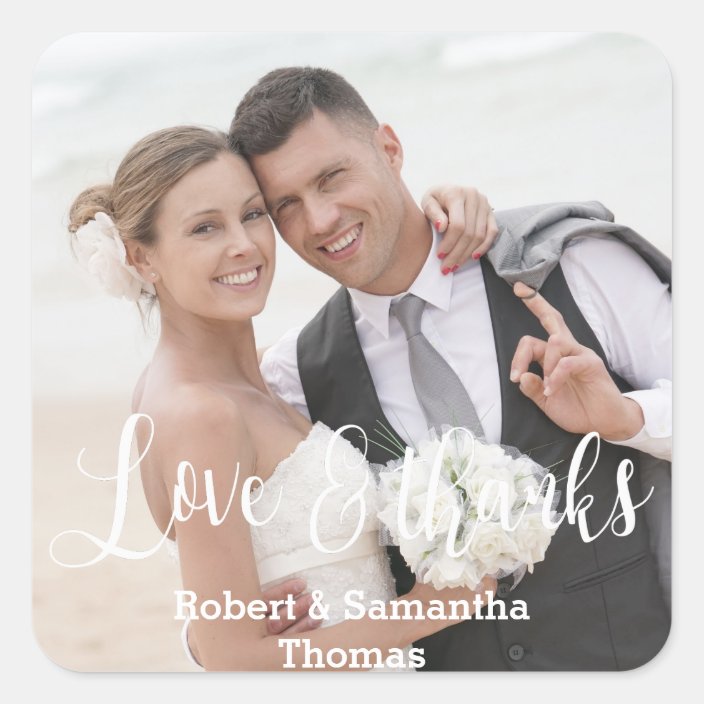 Whimsical Faded Photo Calligraphy Wedding Square Sticker | Zazzle.com