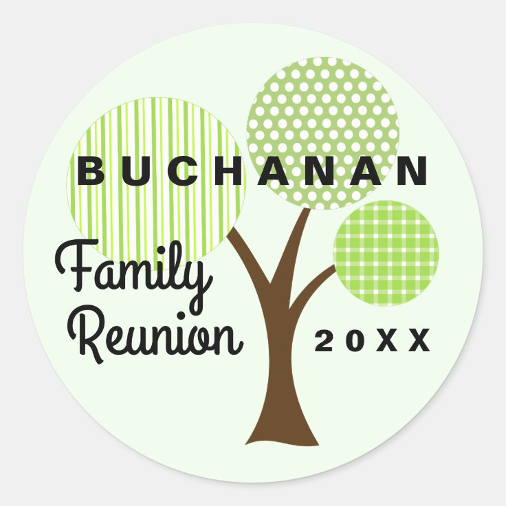 Whimsical Family Reunion Tree Green Patterned Classic Round Sticker ...