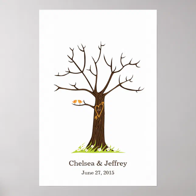 Whimsical Fingerprint Tree with Lovebirds Poster | Zazzle