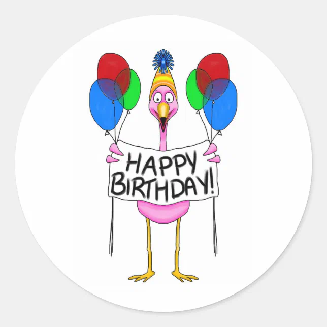 Whimsical Flamingo Happy Birthday Balloons Classic Round Sticker | Zazzle