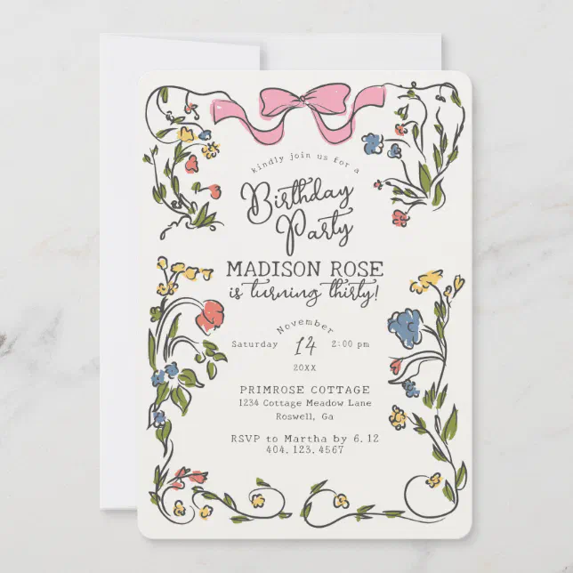 Whimsical Floral Doodle Birthday Party Invite | Zazzle
