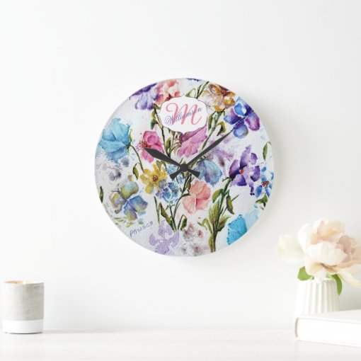 WHIMSICAL FLORAL GARDEN LARGE CLOCK | Zazzle