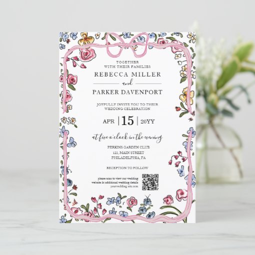 Whimsical floral spring modern Wedding QR Code Invitation | Zazzle