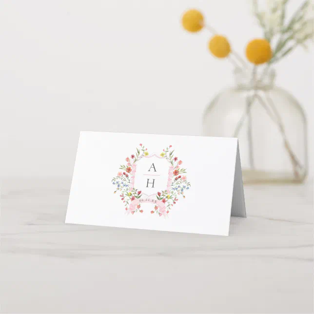 Whimsical Floral Wedding Crest Folded Place Card | Zazzle