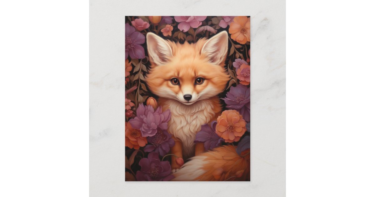 Whimsical Fox on a Bed of Fall Flowers Postcard | Zazzle