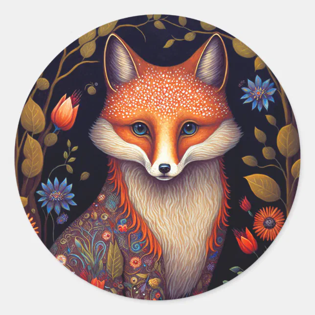 Whimsical Fox Woodland Fantasy Art Classic Round Sticker | Zazzle