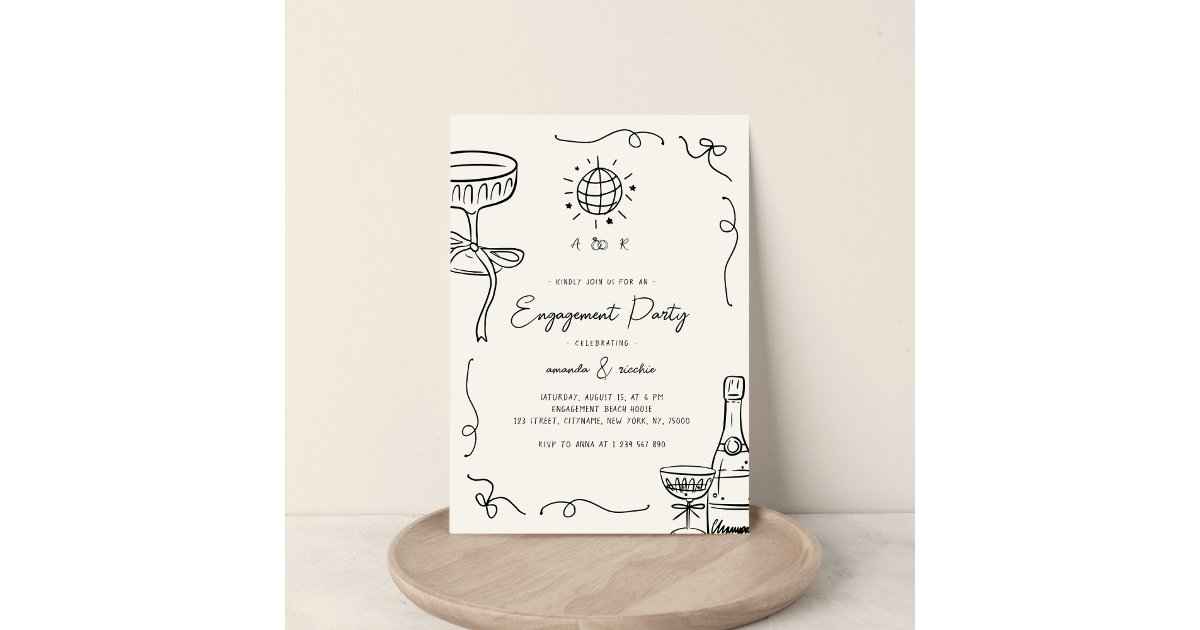 Whimsical French Fun Hand Drawn Engagement Party Invitation | Zazzle