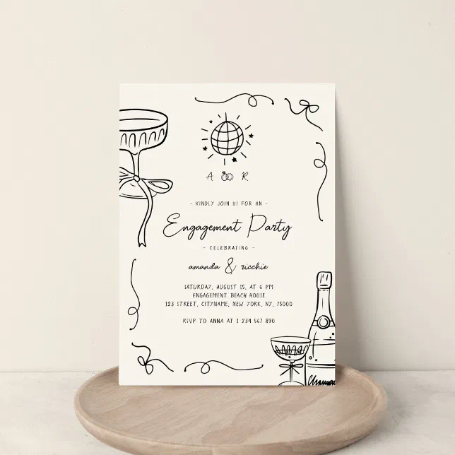Whimsical French Fun Hand Drawn Engagement Party Invitation | Zazzle