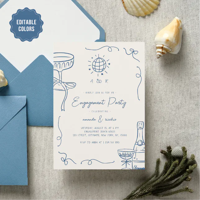 Whimsical French Fun Hand Drawn Engagement Party Invitation | Zazzle