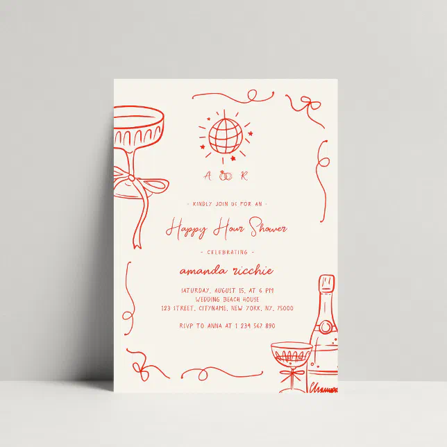 Whimsical French Fun Hand Drawn Happy Hour Shower Invitation | Zazzle
