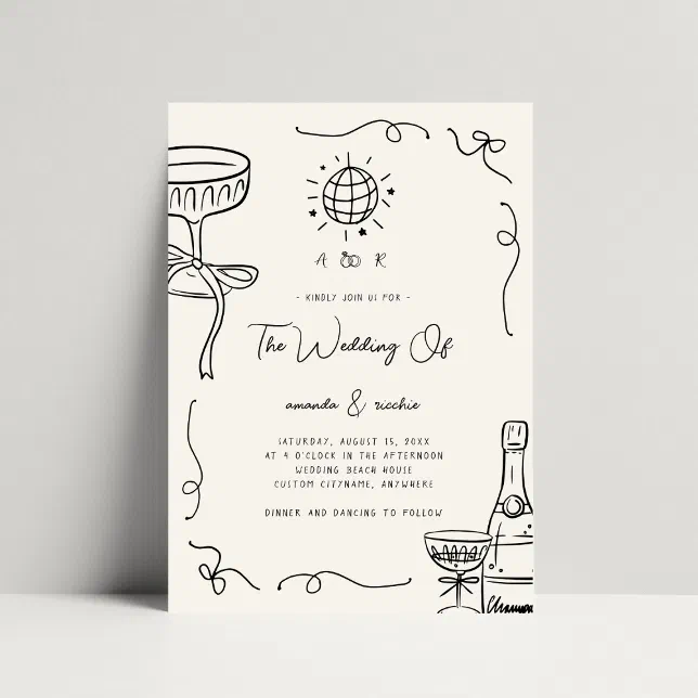 Whimsical French Fun Monogram Hand Drawn Wedding Invitation | Zazzle