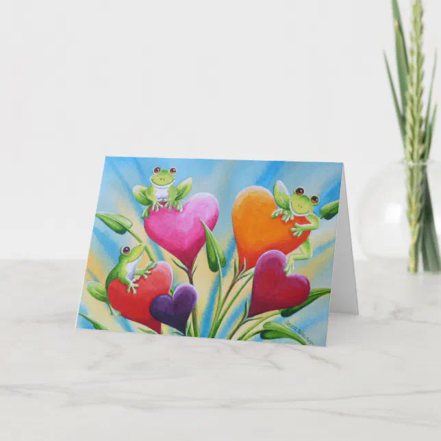 Whimsical Frogs and Hearts Watercolor Art Card | Zazzle
