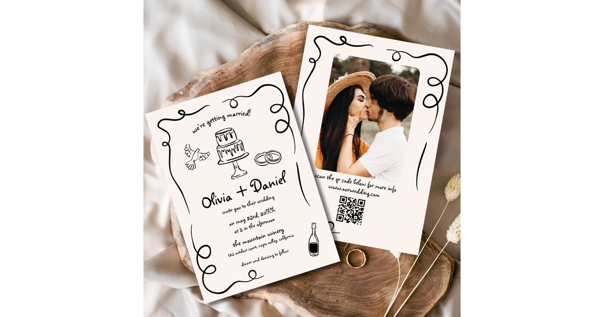 Whimsical Funky Hand Drawn Photo QR Code Wedding Invitation | Zazzle