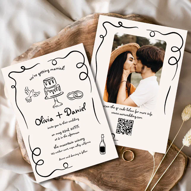Whimsical Funky Hand Drawn Photo QR Code Wedding Invitation | Zazzle