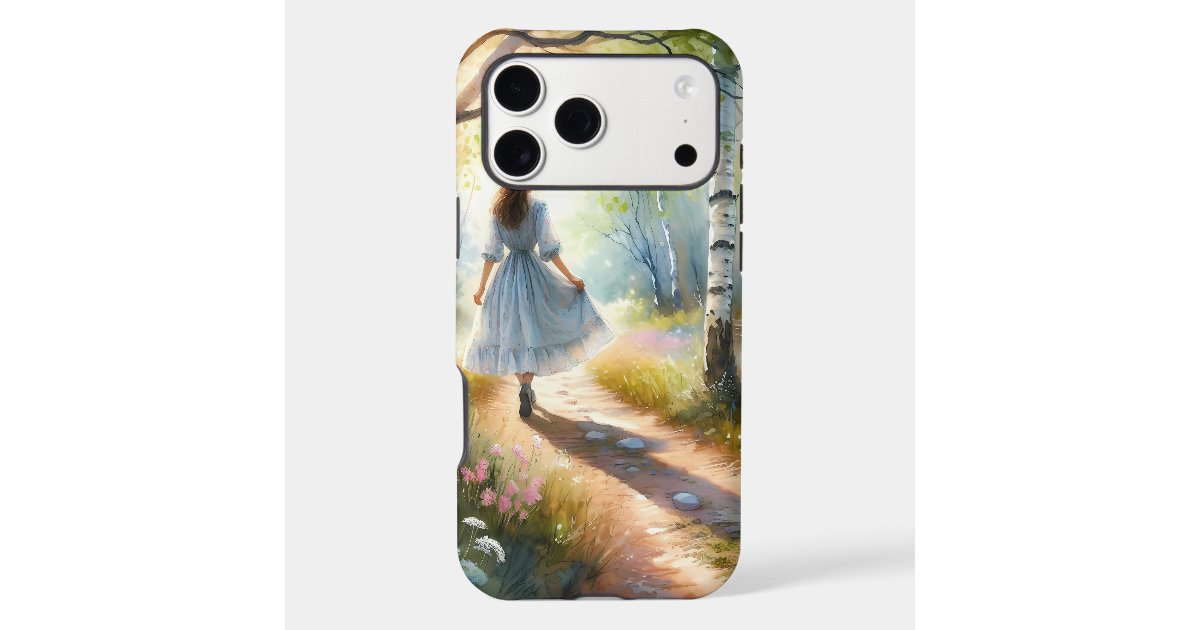 Whimsical Girl Dancing Through Birch Forest iPhone Case | Zazzle