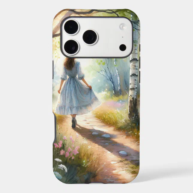 Whimsical Girl Dancing Through Birch Forest iPhone Case | Zazzle