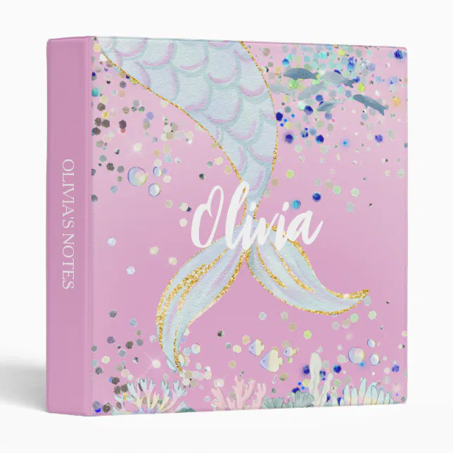 Whimsical Glitter Mermaid Beachy Under the Sea 3 Ring Binder | Zazzle