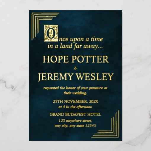 Whimsical Gold Emerald Storybook Fairy Tale Castle Foil Invitation | Zazzle