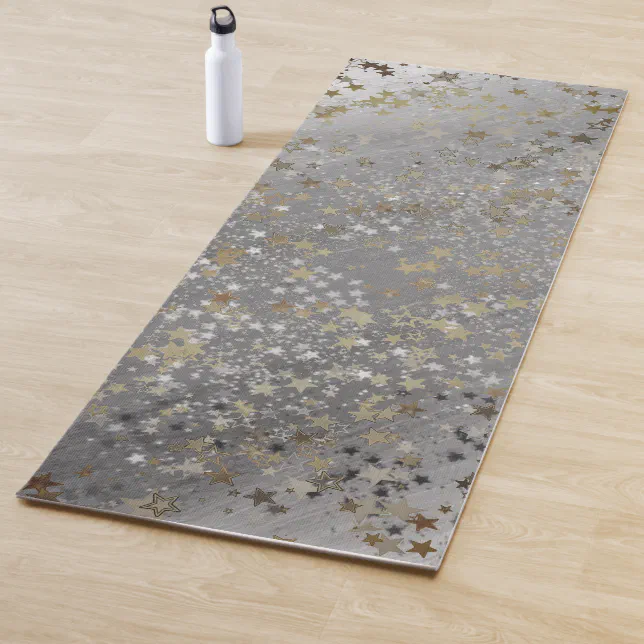 Whimsical Gold Silver Stars on Ombre Grey Yoga Mat | Zazzle